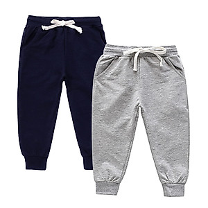 IjnUhb Baby Boys' 2-Pack Cotton Pants, Toddler Pull-on Jogger with Dinosaur Drawstring Elastic Waist