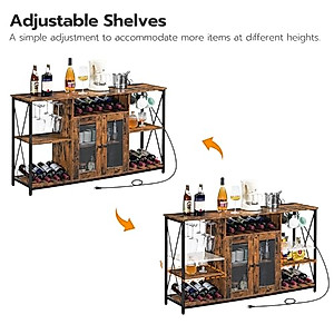 HOOBRO Wine Bar Cabinet with Led Lights and Power Outlets, Coffee Bar Cabinet for Glasses, Sideboard Buffet Cabinet, Liquor Cabinet for Dining, Living Room, Bar, Rustic Brown and Black BF13UDJG01