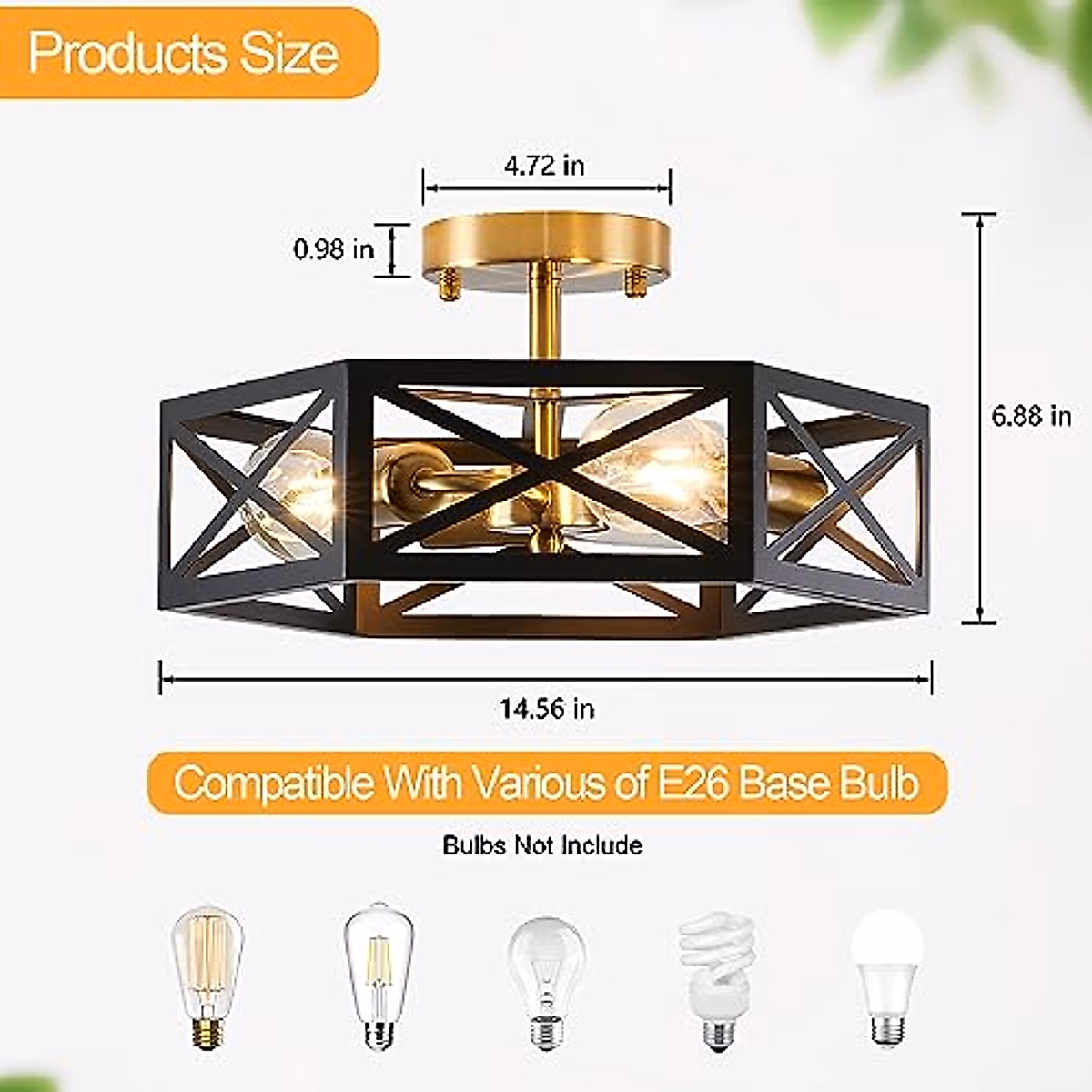 XSDeTu Modern Flush Mount Ceiling Light, 3-Light Black Gold Hallway Light Fixtures Ceiling Mount, Industrial Close to Ceiling Light with Metal Hexagon Cage Ceiling Lamp for Kitchen