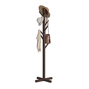 Tiasott Wooden Coat Rack Stand,Free Standing Tree Hanger,Standing Coat Rack with 8 Hooks,Hallway Entryway Clothes Hanger for Suits,Hats,Scarves,Handbags,Umbrella,Brown