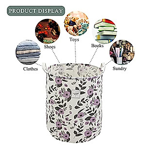 Mziart Collapsible Laundry Basket, Floral Printing Large Laundry Hamper for Baby Girls Kids Toys Clothes Organizer Foldable Storage Bin Waterproof Canvas Nursery Storage Basket with Handles (Purple)