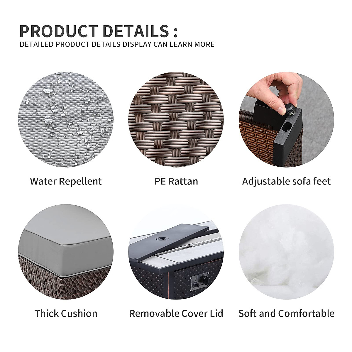 Valita 9-Piece Patio Rattan Furniture Set with Gas Fire Pit Table Outdoor Sectional Conversation Couch Brown PE Wicker Sofa with Washable Gray Cushions