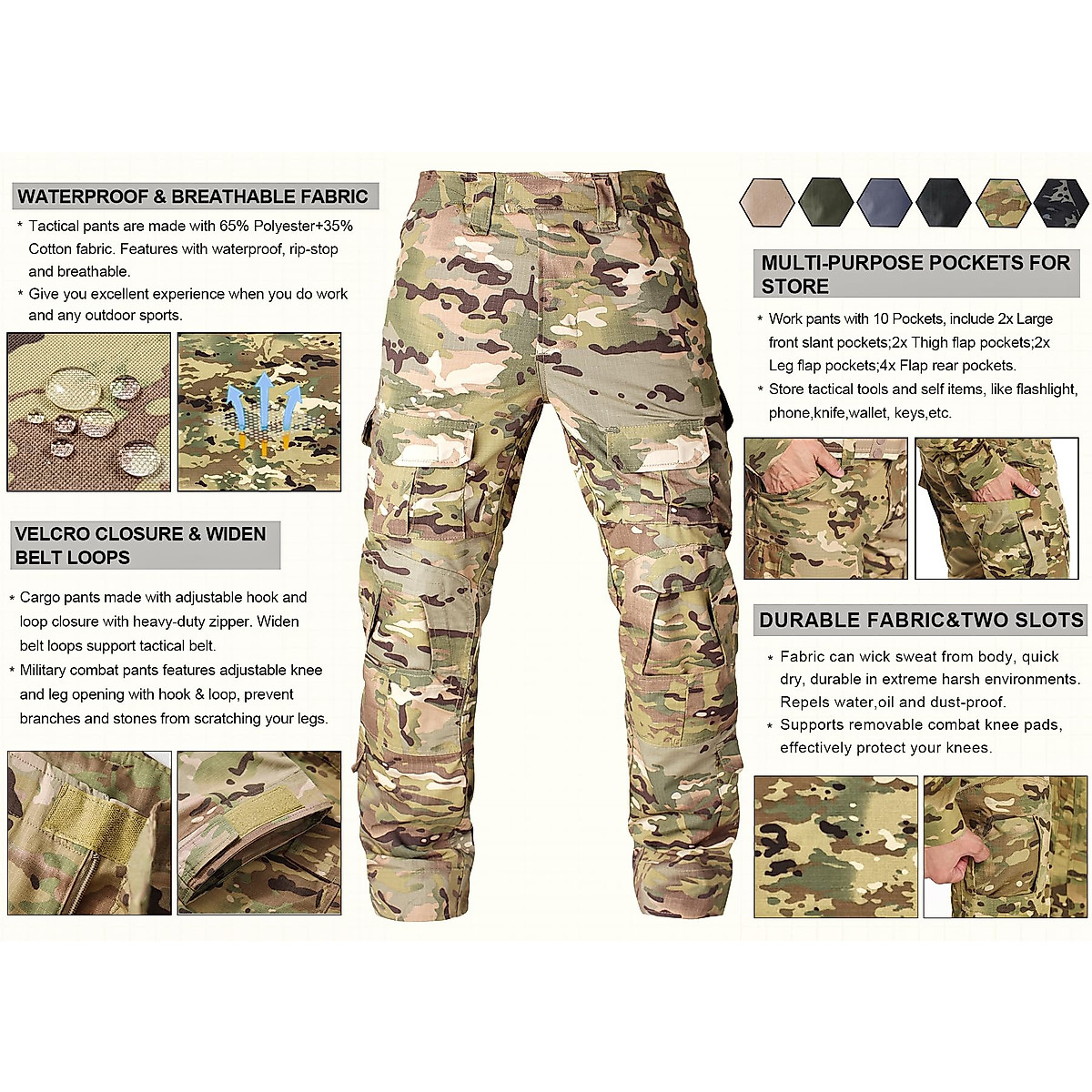 OCANXUE Tactical Pants Camo Cargo Pants for Men Outdoor Hiking Pants Ripstop Work Pants Multi Pocket Pants No Belt No Knee Pads CP Camo 38