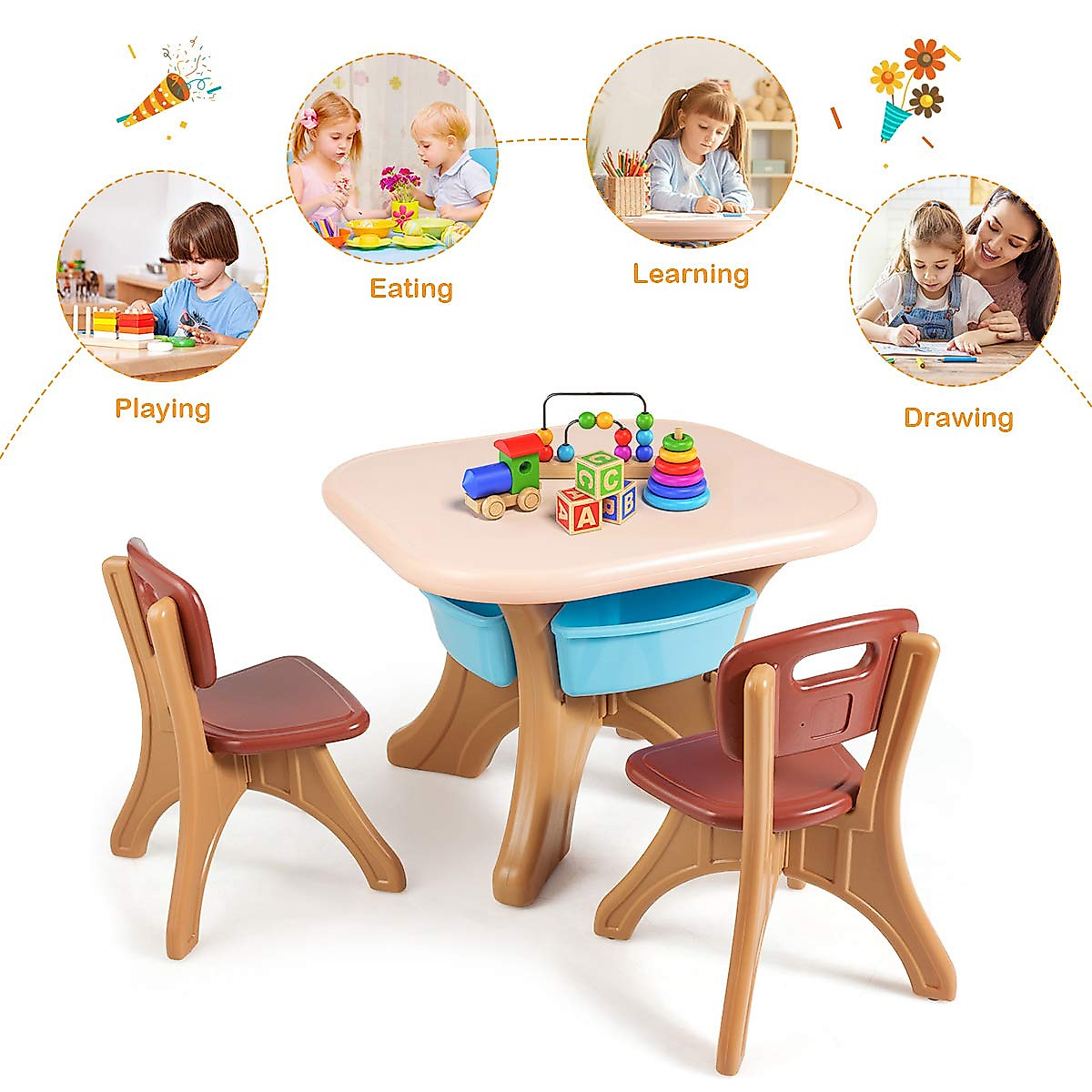 Costzon Kids Table and Chair Set, 3 Piece Activity Table w/Detachable Toy Storage Bin & 2 Chairs for Children Reading Art Craft, Strong Bearing Capacity, Lightweight, Toddler Table & Chair Set, Coffee