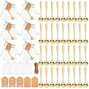 Gueevin 100 Set Bridal Shower Wedding Gifts Including Gold Flower Spoon Gift Tag Drawstring Organza Bag and Rope Coffee Teaspoon Set for Gift Souvenir Guest Favor Bachelorette Tea Party Supplies
