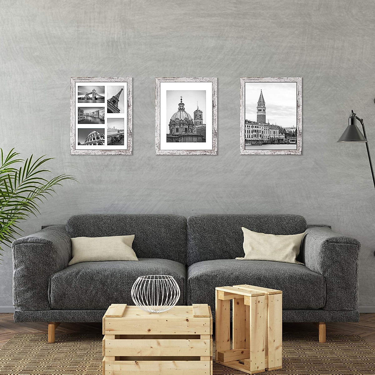 Q.Hou 11x14 Picture Frames Wood Patten Distressed White Set of 2, Each Frame with 2 Mats,Display 8x10 or Five 4x6 Photos with Mat & 11x14 Picture Without Mat for Wall Mount (QH-PF11X14-RW)