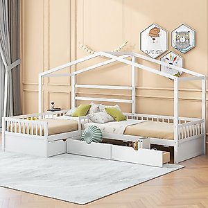 Bellemave L-Shape House Beds with Storage Drawers Two Twin Size Platform Bed Fence Railings Wood Corner Frame Montessori Decorative Panels Tent for Kids Boys Girls Teens, White