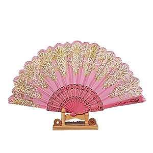 ZAEGO Chinese Fan Luxury Fashion Folding Fan Flower Lace Silk Wedding Dance Party Stage Performance Decoration Fashion Hot Stamping Japanese Fan ( Color : Onecolor , Size : As shown )