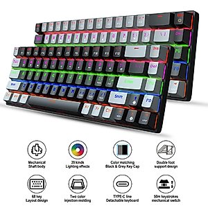 Horoper Computer Mechanical Keyboard, Mechanical Keyboard 68‑Key Red Shaft Green Shaft Dual Color RGB Backlit Gaming Mechanical Keypad (Gray)