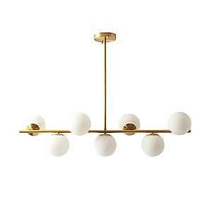 KCO Lighting Modern Brass Linear Chandelier Pendant Light 7-Lights Gold and White Glass Pendant Lighting Mid Century Globe Dining Light Fixture for Living Room Kitchen