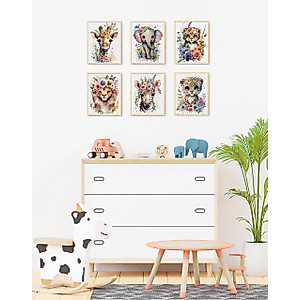 Brooke & Vine Baby Watercolor Safari Animals Nursery Decor Wall Art Prints (UNFRAMED 8x 10 Set of 6),Jungle Themed Gender Neutral Toddler, Classroom,Zebra Elephant Giraffe Tiger Leopard Lion