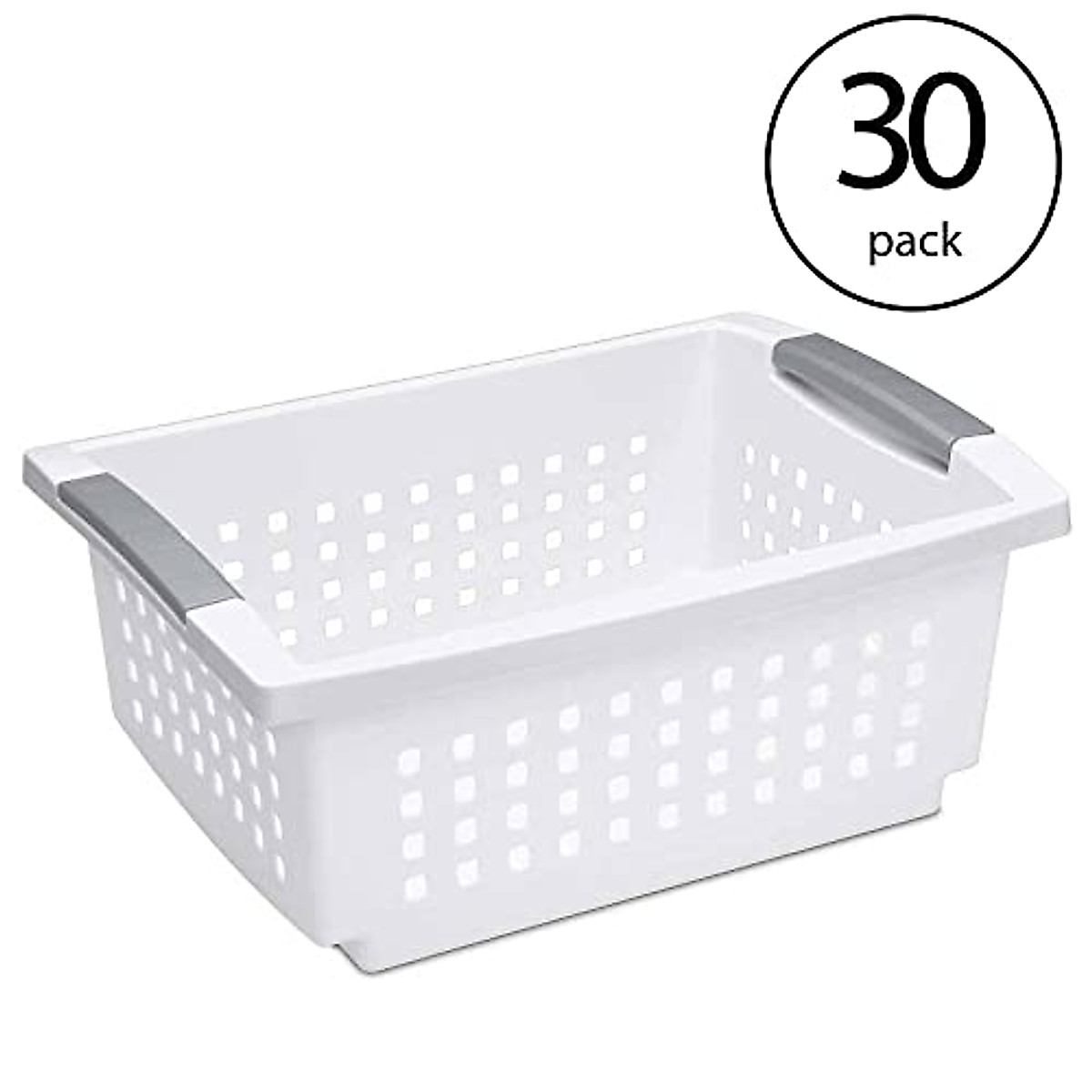 Sterilite Medium Sized Stackable Storage Bin and Organization Basket with Flip Down Accent Rails for Home and Household Organization, White (30 Pack)