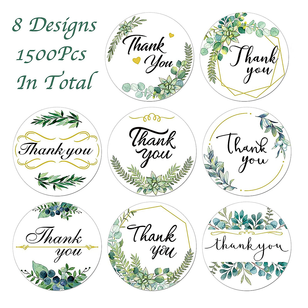 1500 PCS Thank You Stickers 1.5 Inch Greenery Labels Stickers for Wedding Envelopes, Small Business, Bakeries, Handmade Goods