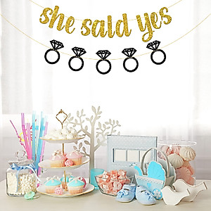 Belrew She Said Yes Banner, Wedding, Engagement Party Decor, Bridal Shower Party Decoration Supplies, Glittery Gold & Black