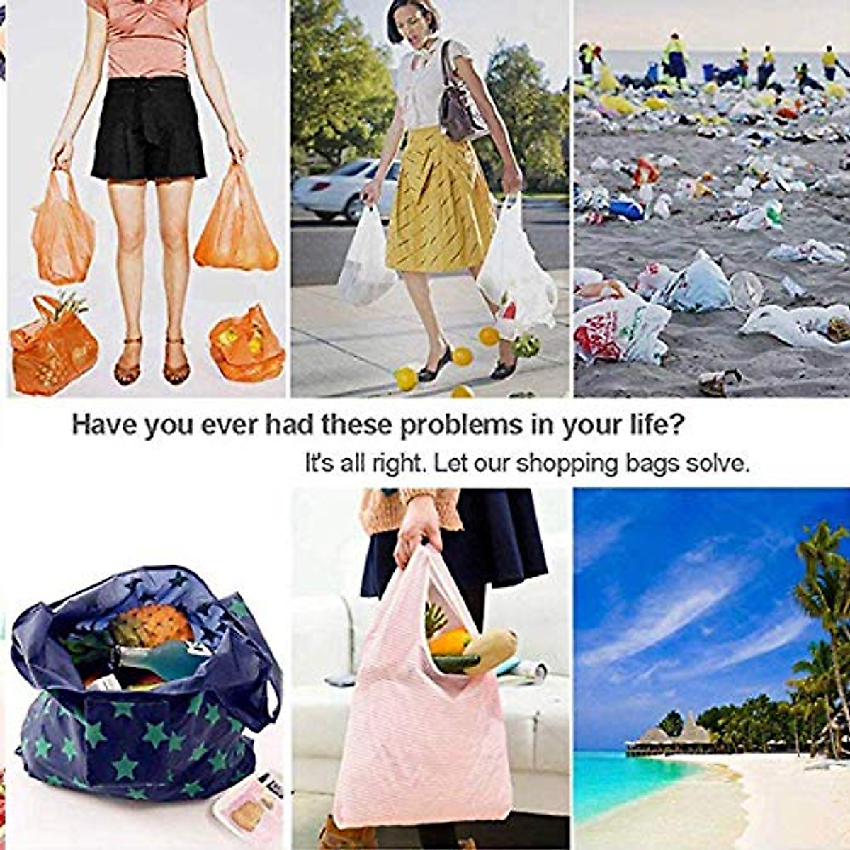 Pack of 6 Reusable Grocery Bags Set, Grocery Tote Foldable into Attached Pouch, Reinforced Polyester Reusable Shopping Bags, Washable, Durable and Lightweight