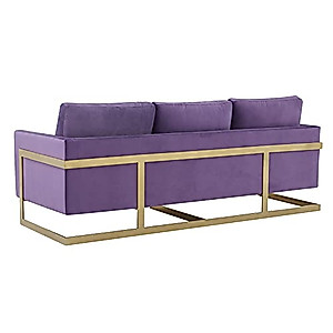 LeisureMod Lincoln Modern Mid-Century Upholstered Velvet 83" Sofa with Gold Frame, Purple