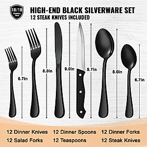 Silverware Set, 72-Piece Black Silverware Set with Steak Knives Stainless Steel Cutlery Set for 12 Includes Knives Forks and Spoons Kitchen Silverware Sets for Home, Mirror Polished & Dishwasher Safe