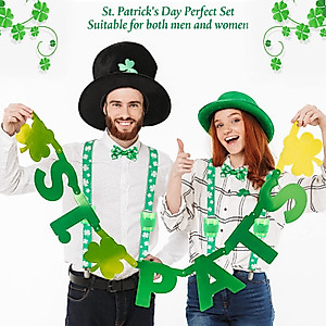 Geyoga St Patricks Green Suspenders St Patricks Day Suspenders Adjustable Elastic Men's Suspenders with Clips Shamrocks Suspender with Shamrocks Bowtie Cups Pins Saint Patricks Day Accessories