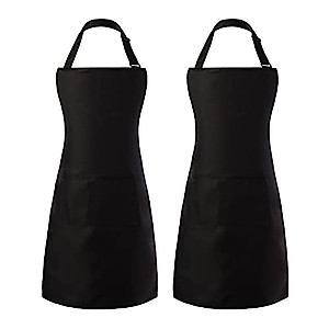 Tosewever 2 Pack Adjustable Bib Apron, Waterdrop Resistant Aprons with 2 Pockets Cooking Kitchen Restaurant Aprons for Women Men Chef, BBQ Drawing Crafting Outdoors (Polyester-Black, 2)