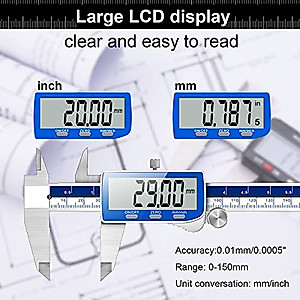 Caliper Measuring Tool, Qfun 6 Inch Electronic Digital Caliper with Stainless Steel and Extra-Large Display, IP54 Waterproof Vernier Calipers for Engineer Carpenter