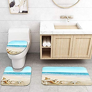 Britimes 4 Piece Shower Curtain Sets, with 12 Hooks, Coastal Sea Seashell Landscape with Non-Slip Rugs, Toilet Lid Cover and Bath Mat, Durable and Waterproof, for Bathroom Decor Set, 72" x 72"