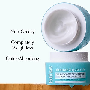 Bliss Drench & Quench Hyaluronic Acid Moisturizer for Face - 1.7 Fl Oz - Cream-To-Water - Hydrator for All-Day Moisture - Clean - Vegan & Cruelty-Free