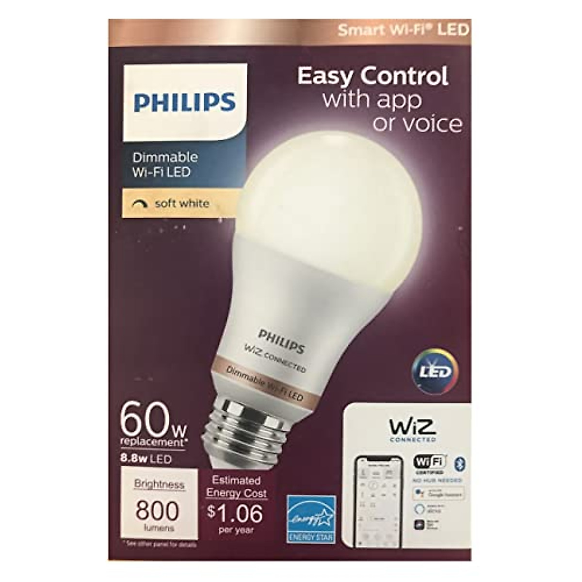 Philips Soft White A19 LED 60W Equivalent Dimmable WiZ Connected Smart Light Bulb 4 Pack