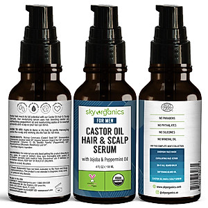 Sky Organics Men's Organic Castor Oil Hair & Scalp Serum for Hair, USDA Certified Organic to Moisturize, Support & Condition, 4 fl. Oz
