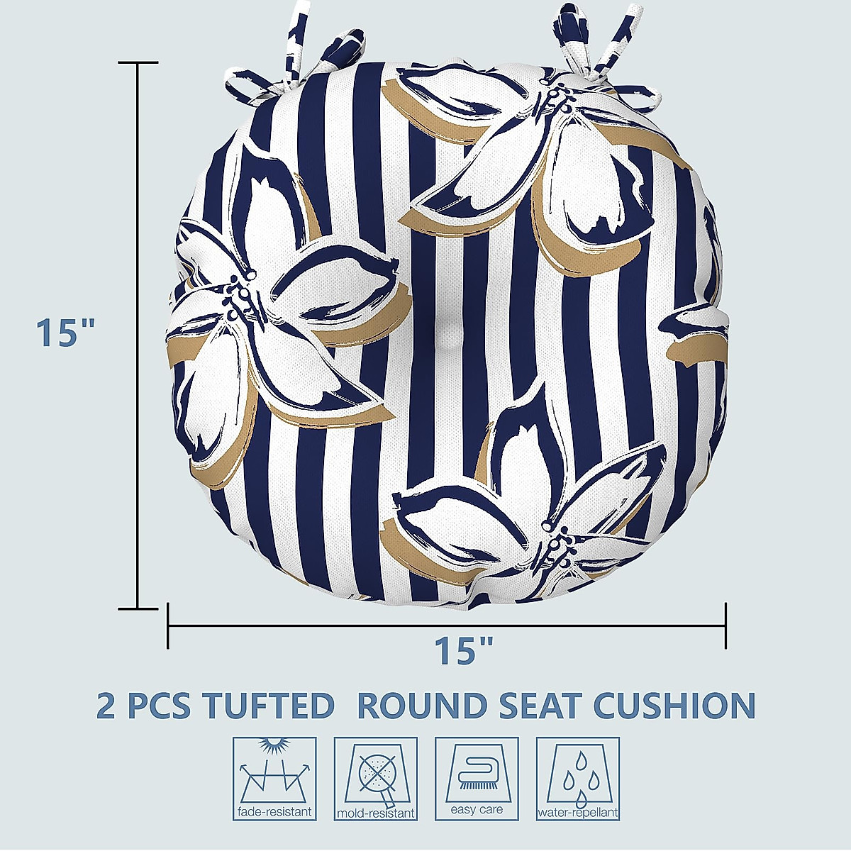 LVTXIII Outdoor All Weather Bistro Seat Cushions, Comfortable Fluffy Tufted Patio Chair Cushions Round 15"x15"x4" Set of 2 for Home Garden Furniture, Clemens Cabana Navy