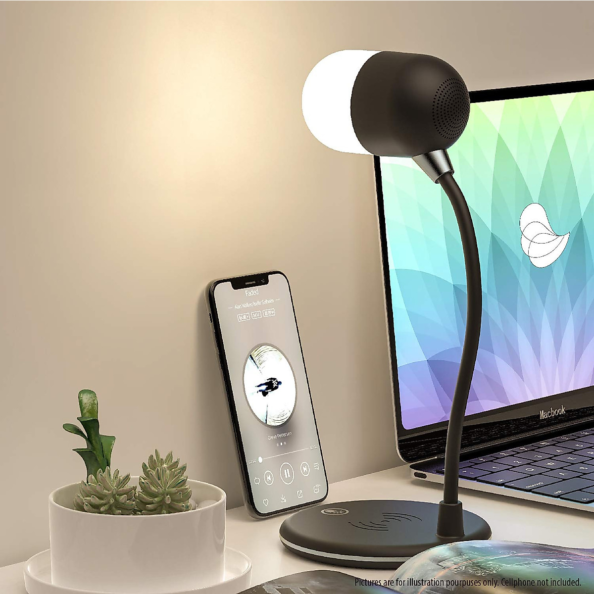 Led desk lamp with QI wireless smart charger. Home office bedside table night light lamp. Bluetooth connected speaker. 3 lighting color changing modes and touch control. Nightlight lamps for bedrooms.