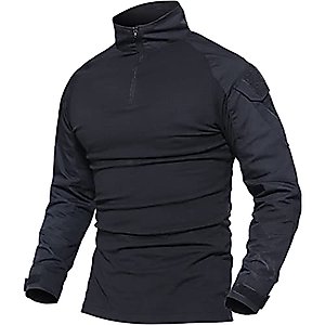 MAGCOMSEN Tactical Men's T-Shirt with Pockets, Long Sleeve, Zipper, High Neck, Lightweight, Black
