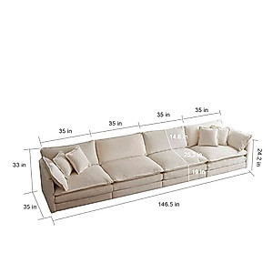 L Shaped Convertible Sectional Sofa with Movable Ottoman,Free Combination Deep Seater Cloud Couch with Throw Pillows, Comfy Chenille Upholstered Modular Sofa&Couch Bed for Living Room,Office