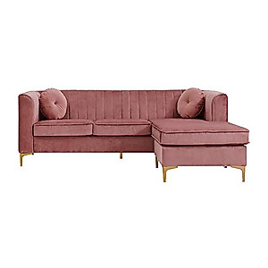 Iconic Home Brasilia Modular Chaise Sectional Sofa Velvet Upholstered Vertical Channel Quilted Seat Back Solid Gold Tone Metal Y-Legs with 2 Throw Pillows Modern Contemporary, Blush