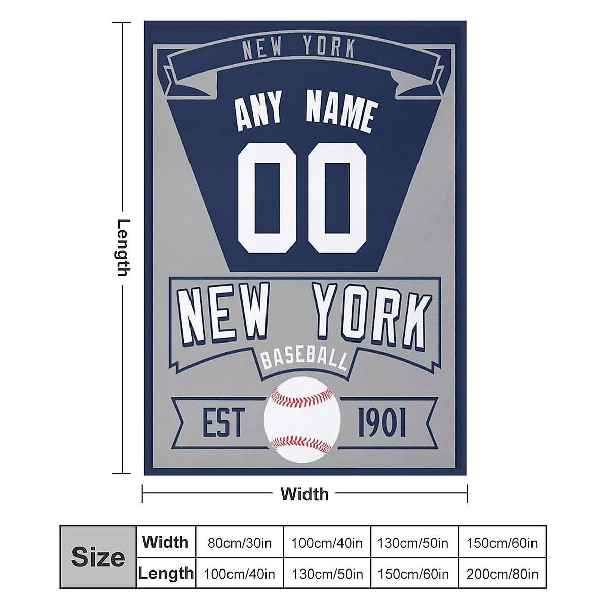 Custom Baseball City Throw Blanket New York Personalized Name Number for Men Women Youth Kids Oversized Soft Flannel Blanket Decorative for Bedroom Living Room