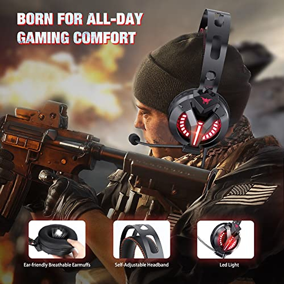 ONIGAL Gaming Headset with Microphone for PlayStation 5, Double Head Beam Suspended Soft Soft Memory Earmuffs, 7.1 Surround Sound Wired Headset LED Light for PS5, PC, PS4, iMac, Laptop