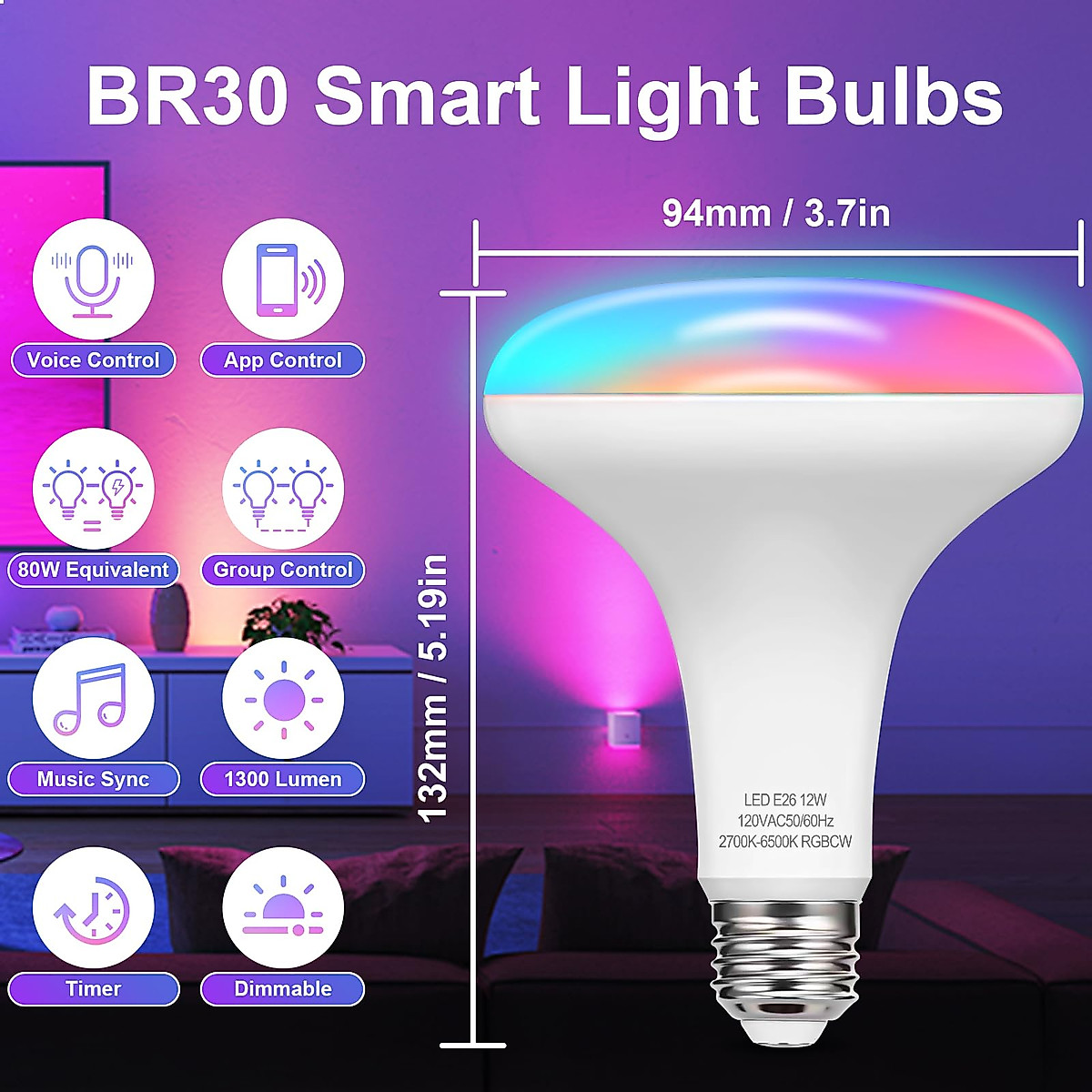 AUIOMUTO Smart Light Bulbs, Dimmable BR30 Color Changing Light Bulbs, E26 LED Flood Light 1300LM 13W (Equivalent 100W), Work with Alexa/Google Home/SmartThings, Music Sync Light Bulb 2.4G WiFi only