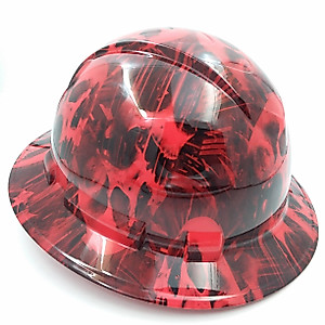 Wet Works Imaging Customized Pyramex Full BRIM RED Evil MELTING SKULL HARD HAT with Ratcheting Suspension
