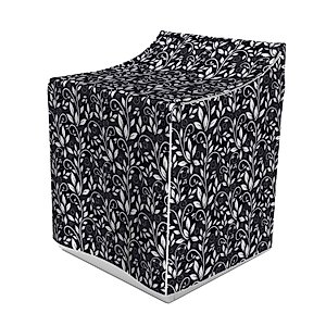Lunarable Leaves Cover for Washer and Dryer, Botanical Illustration with Swirled Branches Foliage on Dark Backdrop, Suitable for Dryer and Washing Machine, 29" x 28" x 40", Grey Black and White
