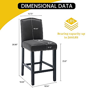 KCC Counter Height Bar Stool 26 Inches Upholstered High Back Barstool with Antique Nail Heads Solid Wood Set of 2 Counter Height Bar Chairs,Gray