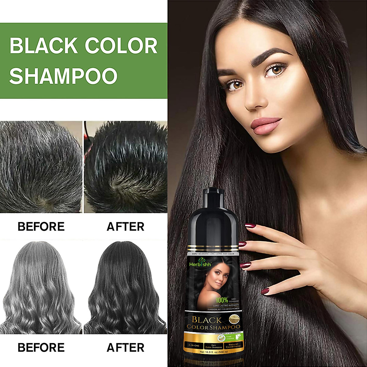 Herbishh Hair Color Shampoo for Gray Hair – Magic Hair Dye Shampoo – Colors Hair in Minutes–Long Lasting–500 Ml–3-In-1 Hair Color–Ammonia-Free (Black)