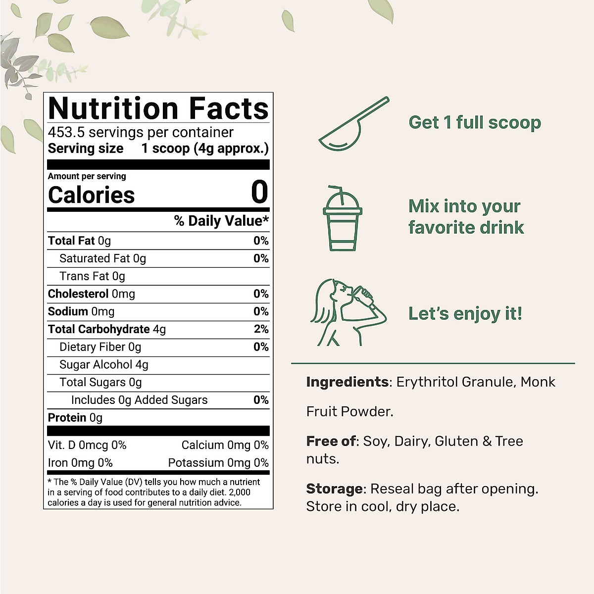 Monk Fruit Sweetener with Erythritol Granules, 4 Pounds, No After Taste, 1:1 White Sugar Substitute, Keto Diet Friendly, Zero Calorie, Natural Sweetener for Drinks, Coffee, Tea, Cookies, No-GMO, Vegan