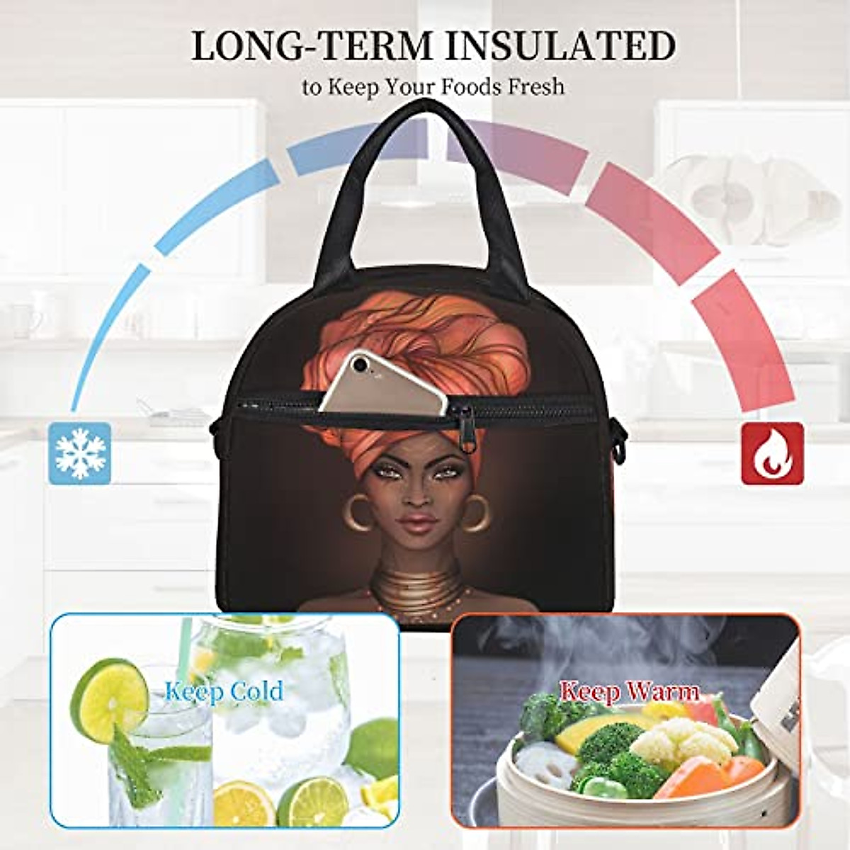 African American Black Woman Lunch Bag Reusable Insulated Lunch Tote Bag Lunchbox Container With Adjustable Shoulder Strap For Office Work School Picnic Travel