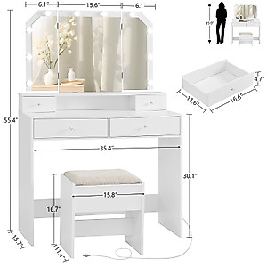 Quimoo Vanity Desk Set with LED Tri-Fold Lighted Mirror & Power Outlet, Makeup Vanity Table with 4 Drawers, Cushioned Stool, for Bedroom, Bathroom, White
