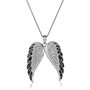 Amazon Essentials Sterling Silver Black and White Diamond Angel Wings Pendant Necklace (1/2 cttw), 18" (previously Amazon Collection)