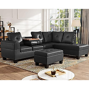 AWQM Upholstered Sectional Sofa w/Chaise Lounge, Modern L Shaped Sofa Couch with Storage Ottoman Bench, PU Leather Sectional Couches with Cup Holder for Living Room Small Space