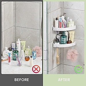PAVSTINE 2 Pack Corner Shower Caddy, Adhesive Shower Organizers, Rustproof Plastic Shower Shelves with 4 Hooks, No Drilling Bathroom,Kitchen,Dorm Organizers and Storage Racks, Space-Saving, White