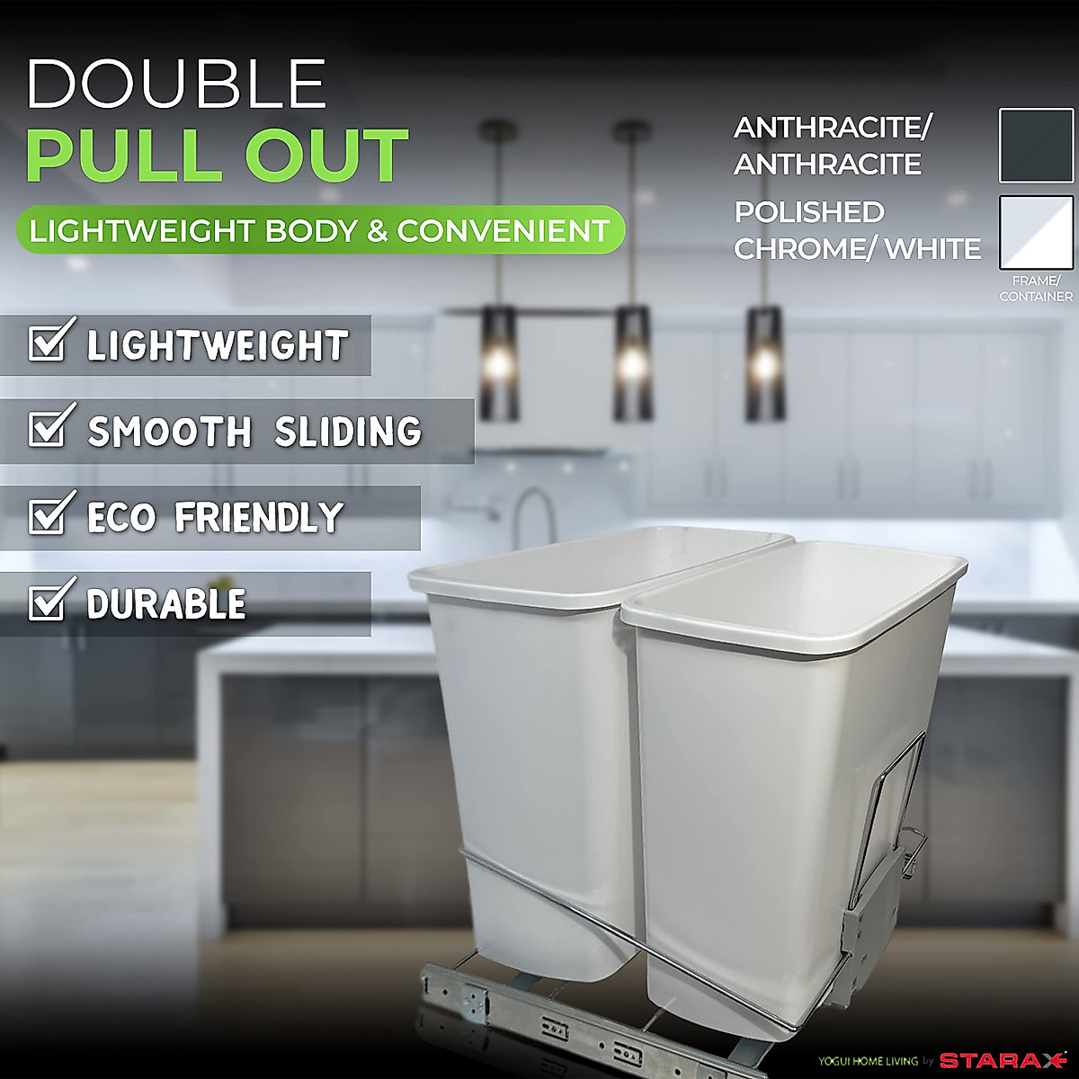 Yogui Home Living by Starax Double 35-Quart Trash Bin Cabinet Pullout System - 2 White Waste/Recycling Bins - Easy-Installation Polished Chrome Ball-Bearing Garbage Slider - (Not Include Can)