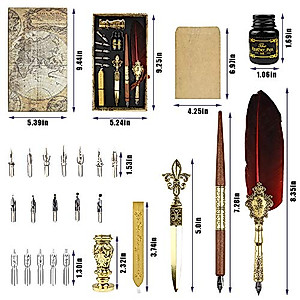 Feather Quill Pen and Ink Set,Writing Quill,Vintage Calligraphy Dip Pen Kit with 17Replacement Nibs,Wax Seal Sticks,Wooden Dip Pen,2 in 1 Seal Stamp Pen Nib Base,Envelope,Letter Opener