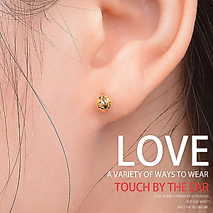 Solid 18k Gold Ball stud Earrings for Women Real Gold, Dainty Diamond-Cut Yellow Bead Push Back Tiny Gift for Lady, Rose Gold With Certificate Fine Bride Jewelry Birthday Wedding Prom Party, 5MM