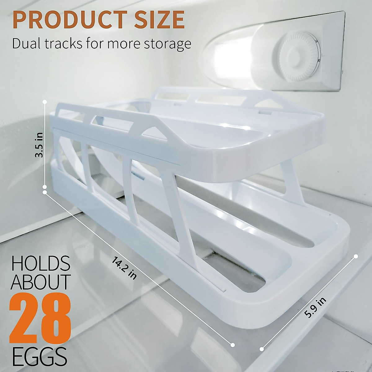 TUSGENK Egg Holder for Fridge, Automatic Rolling Egg Organizer Storage for Refrigerator, 2 Rows Space-Saving Eggs Dispenser, Large Capacity 28 Eggs Container & Tray for Kitchen (2 Layer,White)